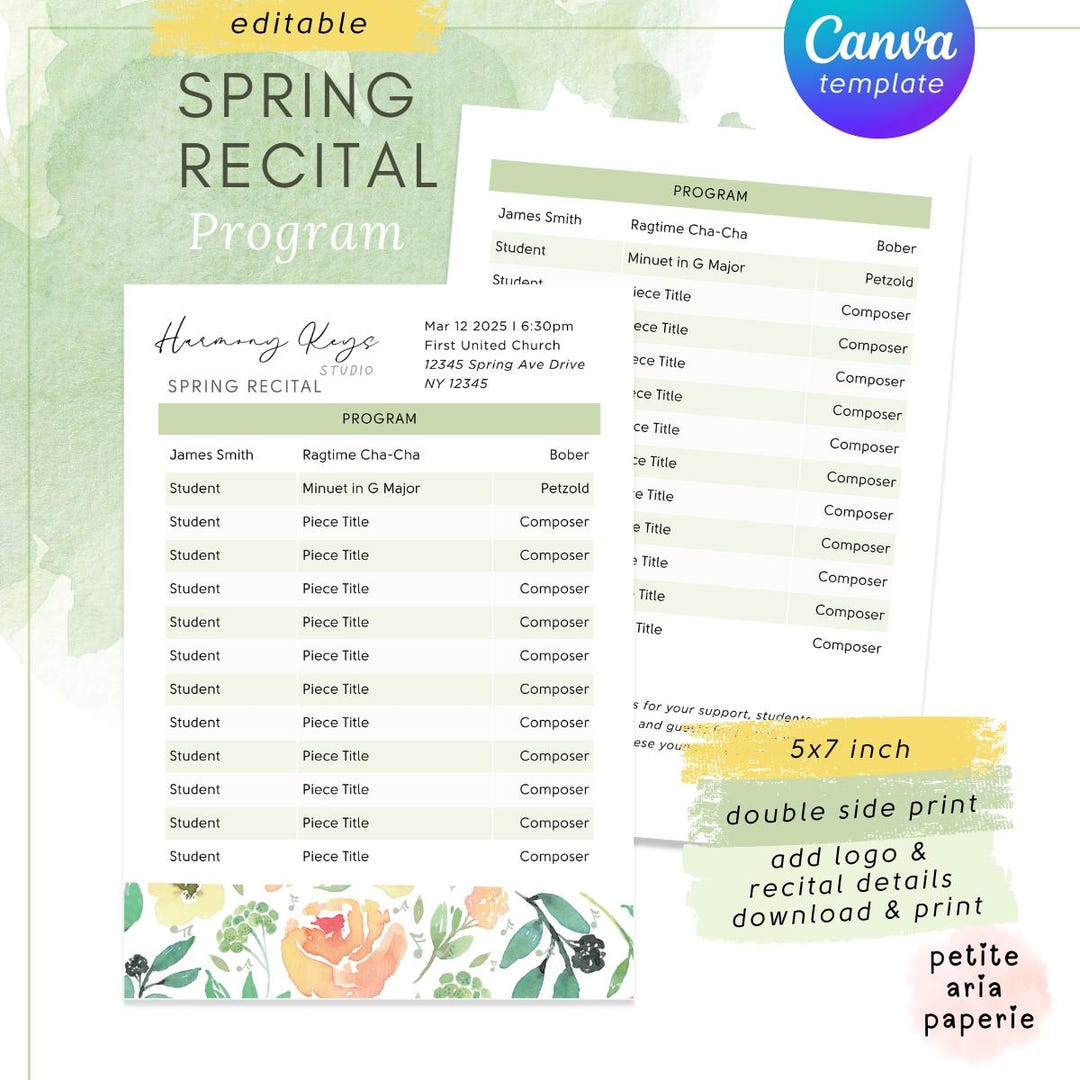 Spring Recital Program Canva Template | Editable Music Program | 5×7 ...