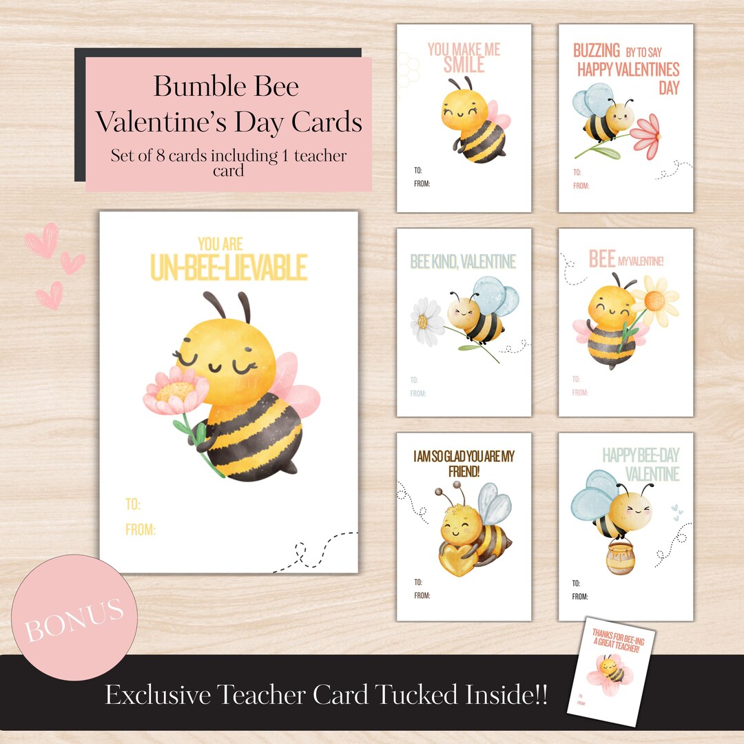 Bumble-bee Valentine's Day Cards Printable for Preschool Classroom ...