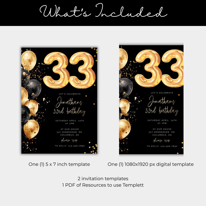 Gold 33rd Birthday Invitation Editable Template - Etsy