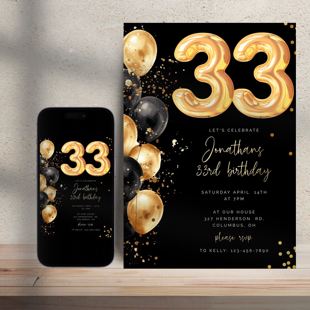 Gold 33rd Birthday Invitation Editable Template - Etsy