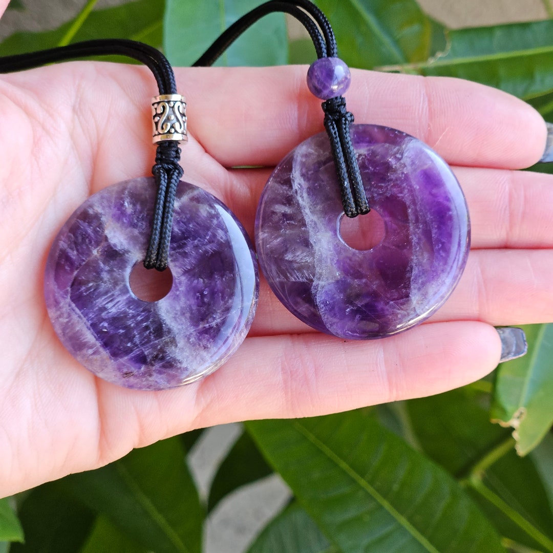 Large Amethyst 40mm Donut Pi Stone Pendant With Adjustable Rope ...