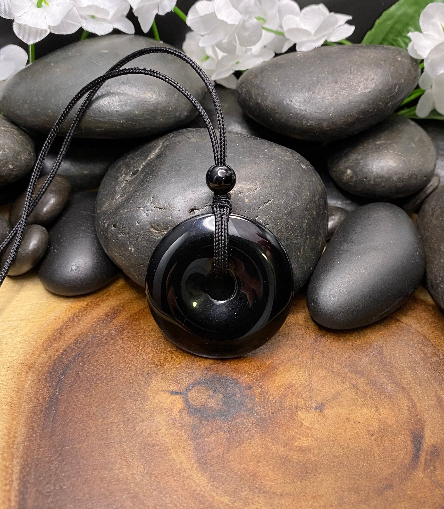 Large Black Obsidian 40mm Donut Pi Stone Pendant, Adjustable Necklace ...