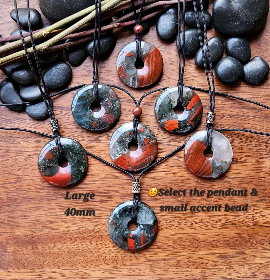 Large 40mm Bloodstone Donut Pi Stone Pendant, Adjustable Rope Necklace ...