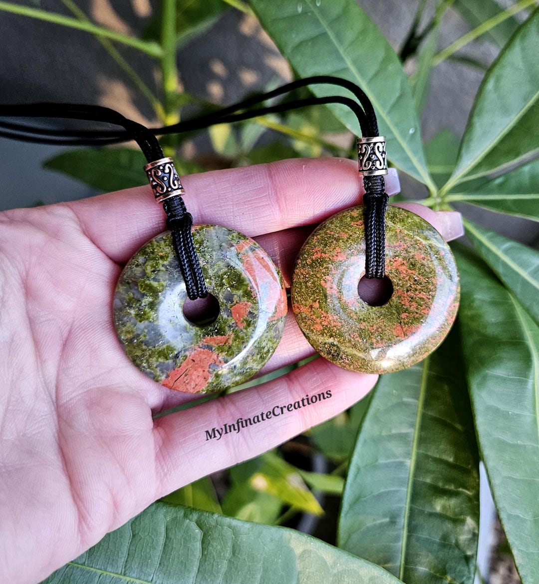 Large 40mm Unakite Donut Pi Stone Pendant Necklace, Adjustable Necklace ...