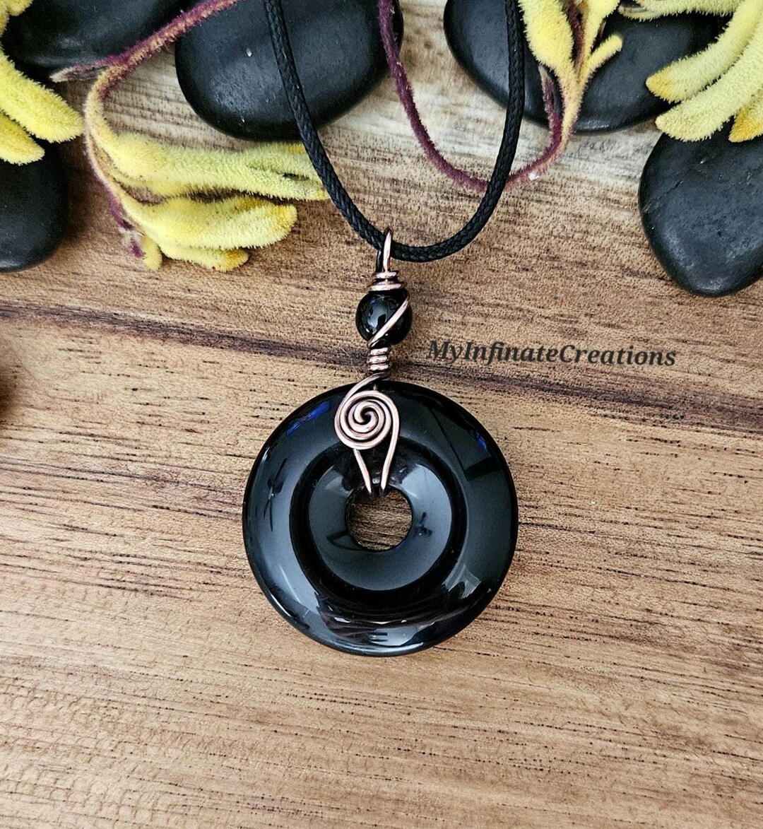 Black Obsidian 30mm Donut Pi Stone Pendant, Copper Wire Wrapped ...