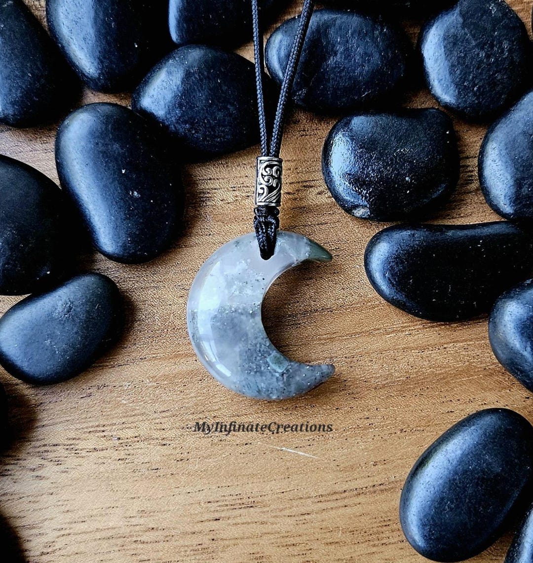 Gray African Bloodstone Crescent Moon Adjustable Necklace, 30mm ...