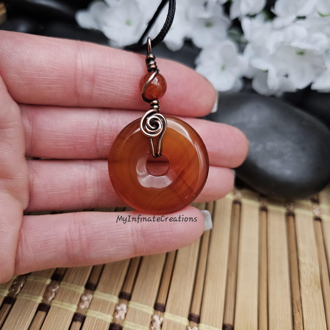 Carnelian 30mm Donut Pi Stone, Copper Wire Wrapped Pendant, Adjustable ...