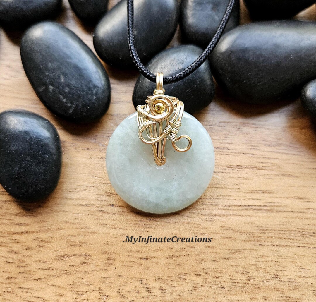 Jade Nephrite 30mm Donut Pi Stone Pendant, Gold-filled Wire Wrapped ...