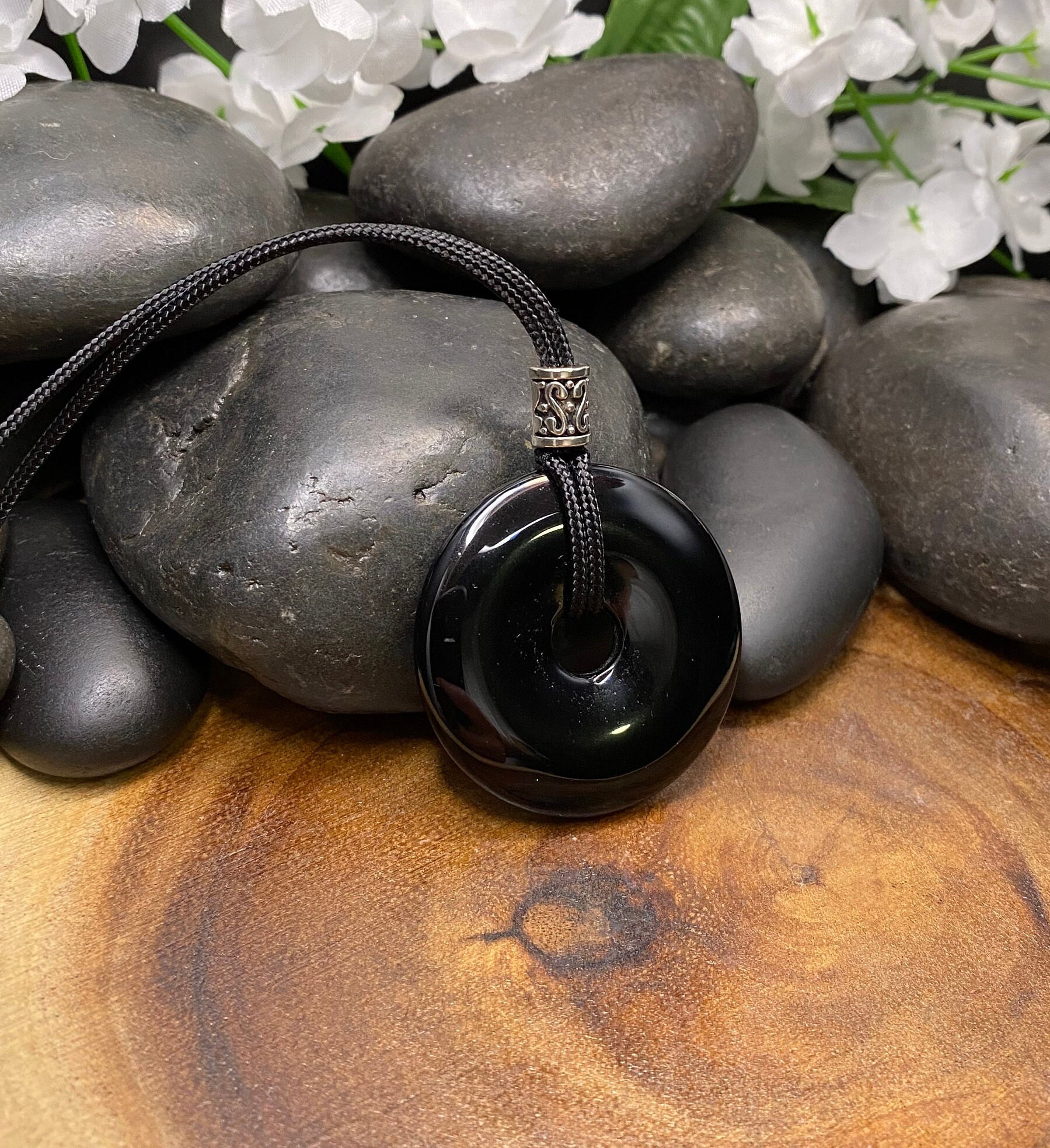 Large Black Obsidian 40mm Donut Pi Stone Pendant, Adjustable Necklace ...