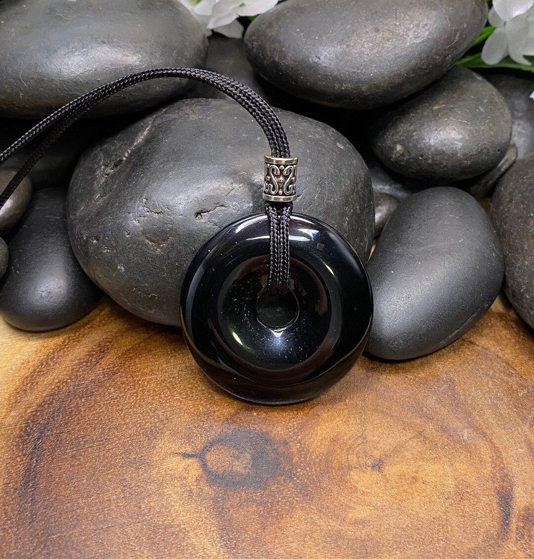 Large Black Obsidian 40mm Donut Pi Stone Pendant, Adjustable Necklace ...