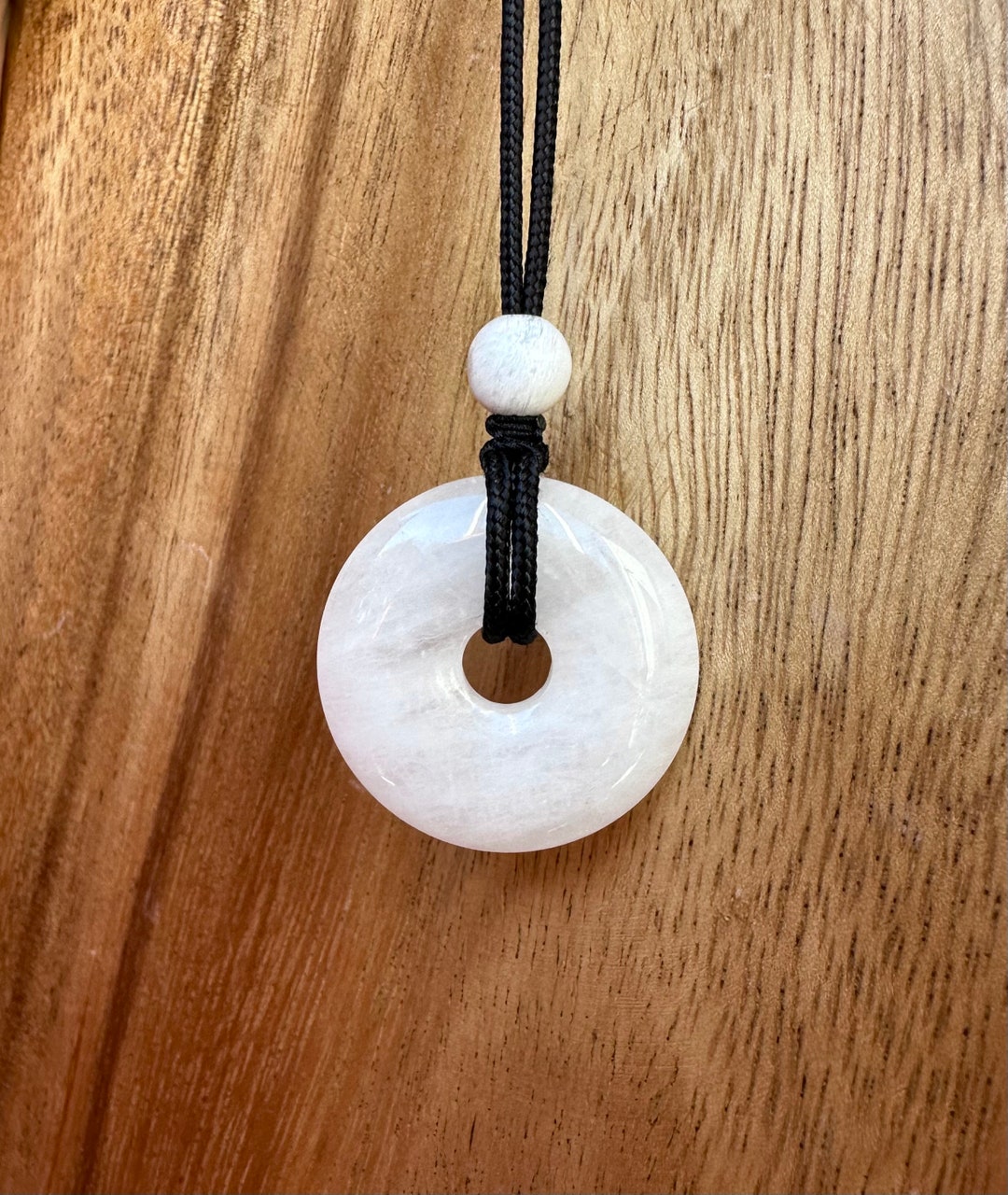 White Jade 30mm Donut Pi Stone Pendant Necklace, Adjustable Choker or ...