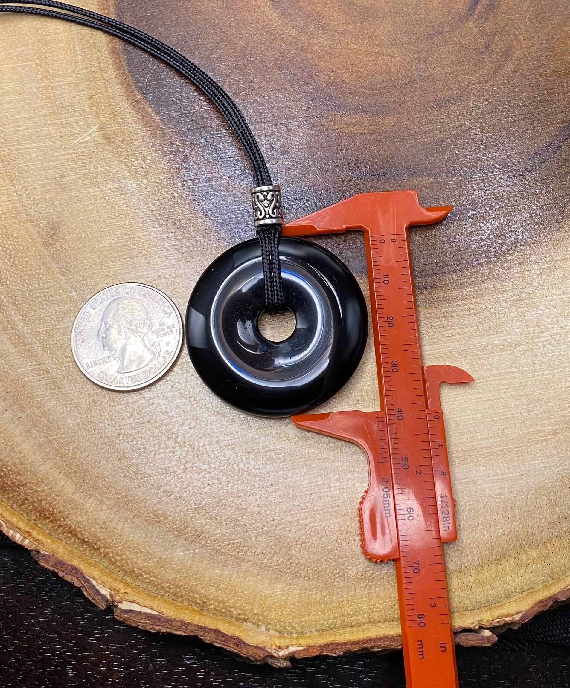 Large Black Obsidian 40mm Donut Pi Stone Pendant, Adjustable Necklace ...