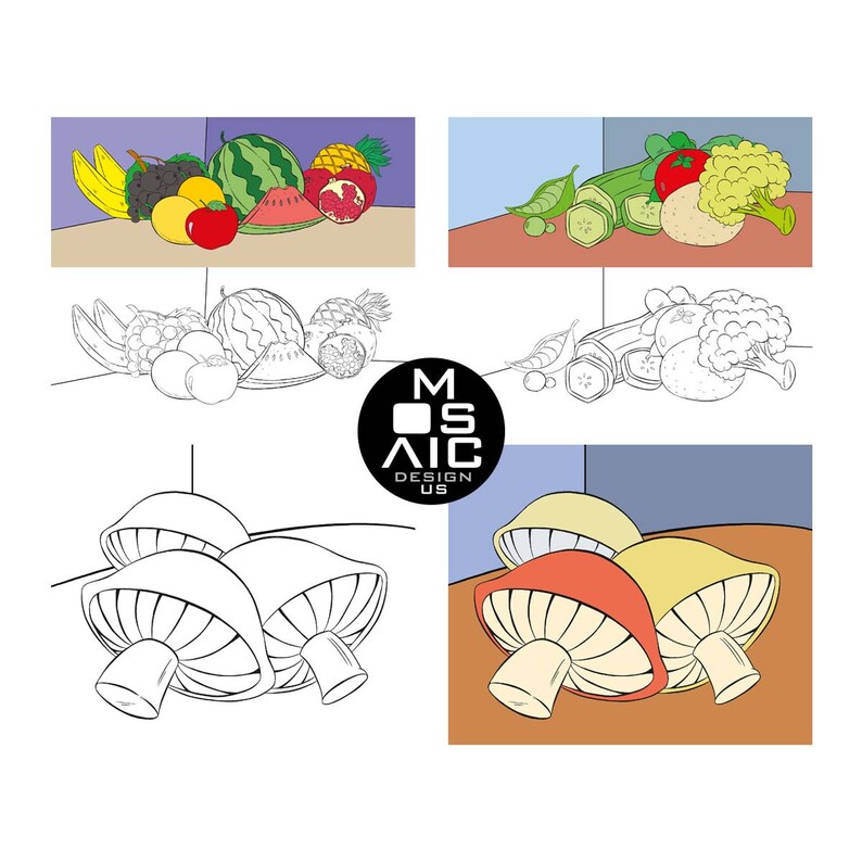 Printable, 48 Pages, Instant Download, Grayscale Fruits and Vegetables ...