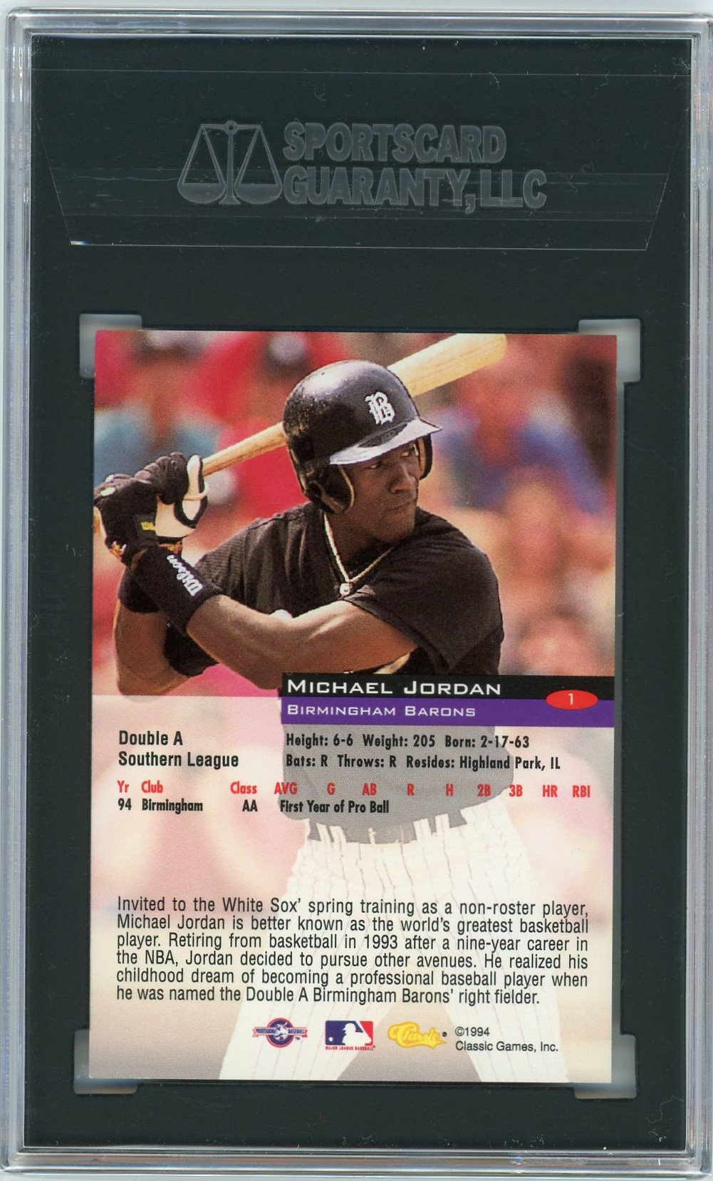 1994 Classic Michael Jordan RC #1 Birmingham Barons HOF SGC 9 Mint ...