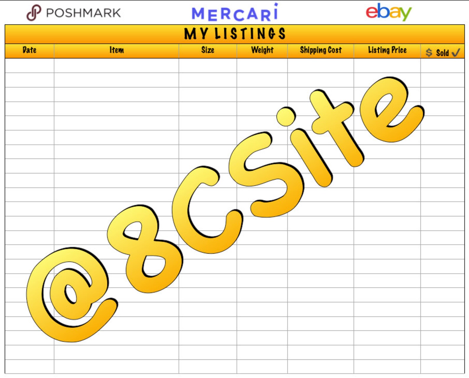 Mercari Poshmark Ebay Reseller Inventory Sales Tracking Chart ...