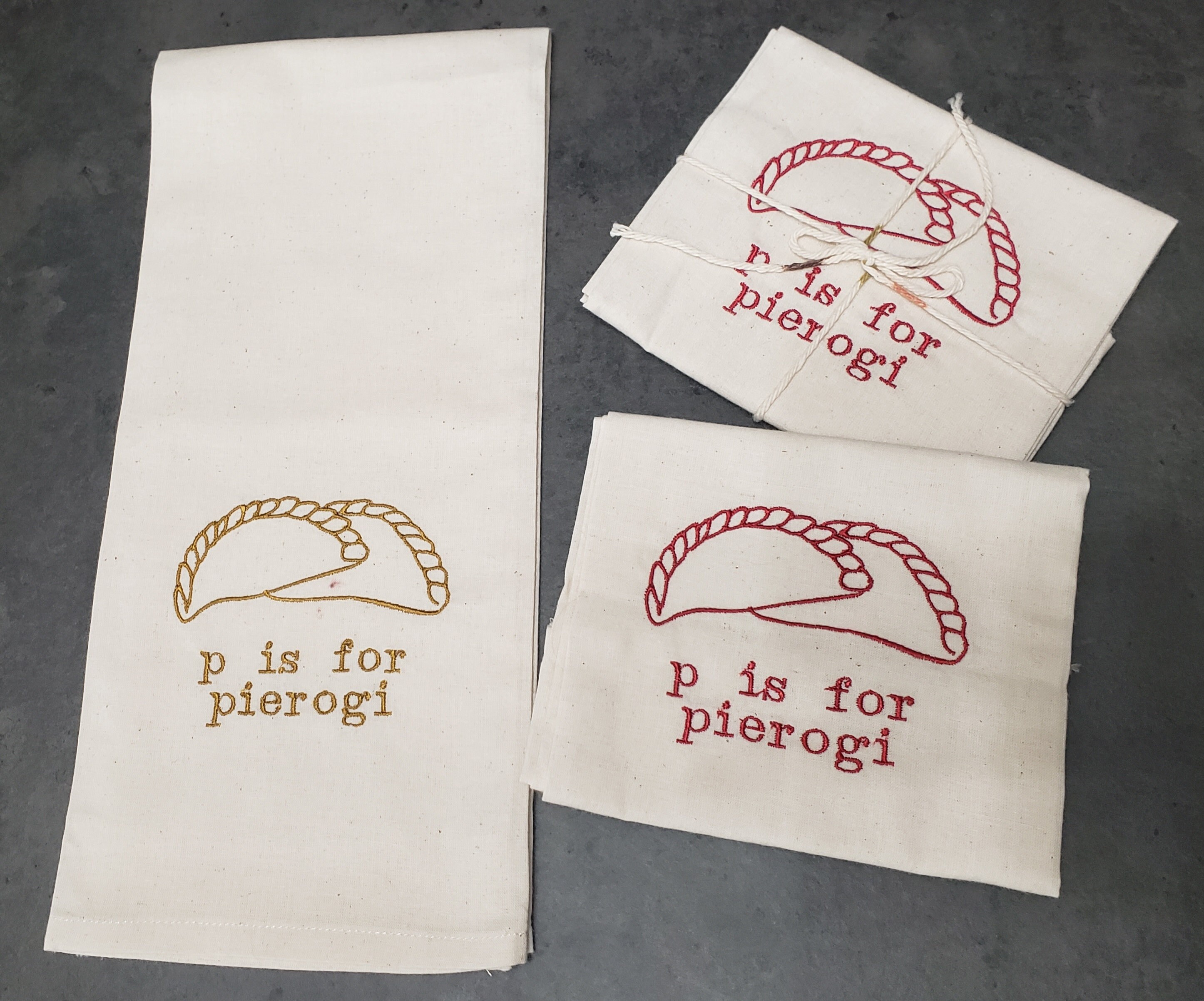 Embroidered Tea Towel - "p is for Pierogi"- Handmade Kitchen Towel ...