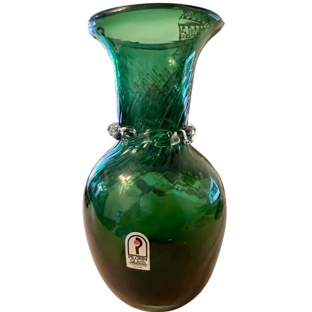 Vintage Pilgrim Green Art Glass Vase Hand Blown Applied Ribbon Ruffled ...