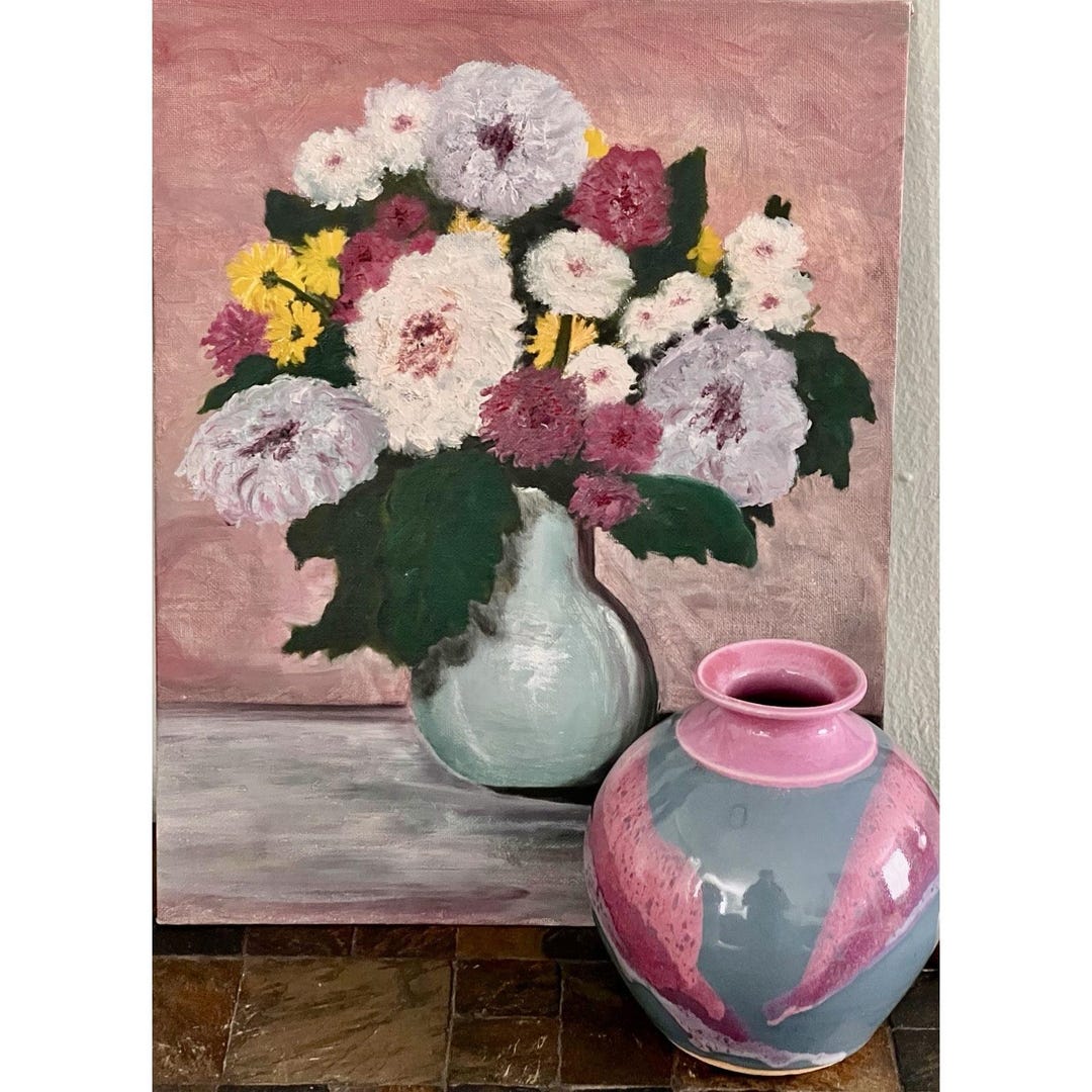 Pottery by Cathy Gerson 6”H Vase & Matching Still Life Floral Original ...