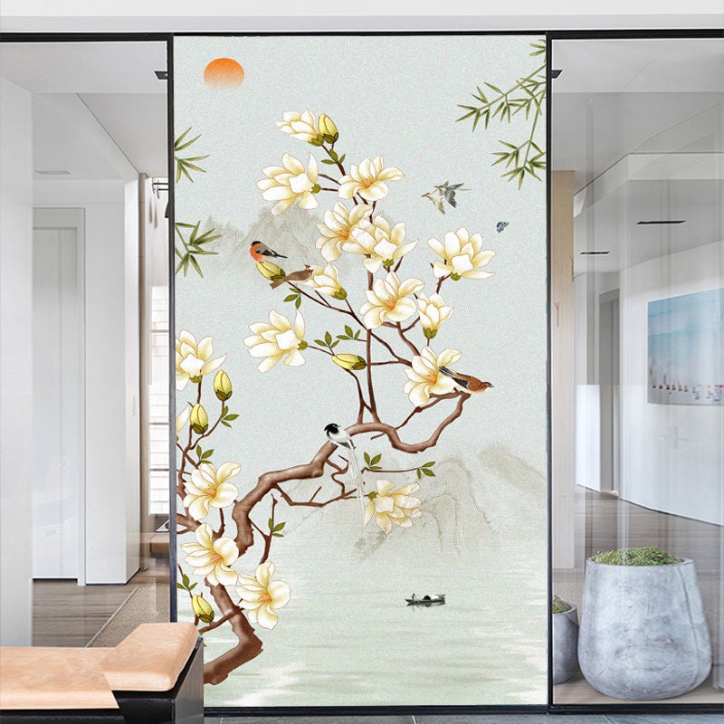 Window Film Flowers and Birds, Privacy Glass Sticker, Sun Blocking Glue ...
