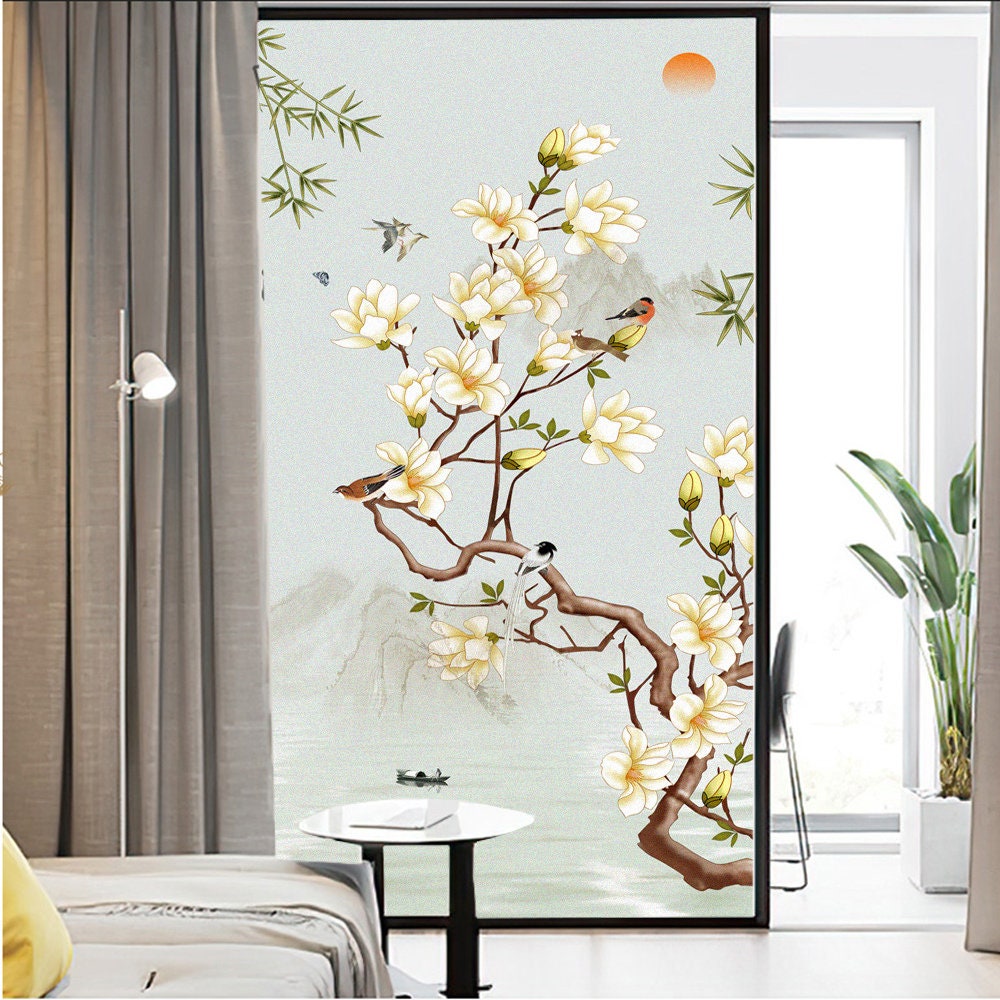 Window Film Flowers and Birds, Privacy Glass Sticker, Sun Blocking Glue ...