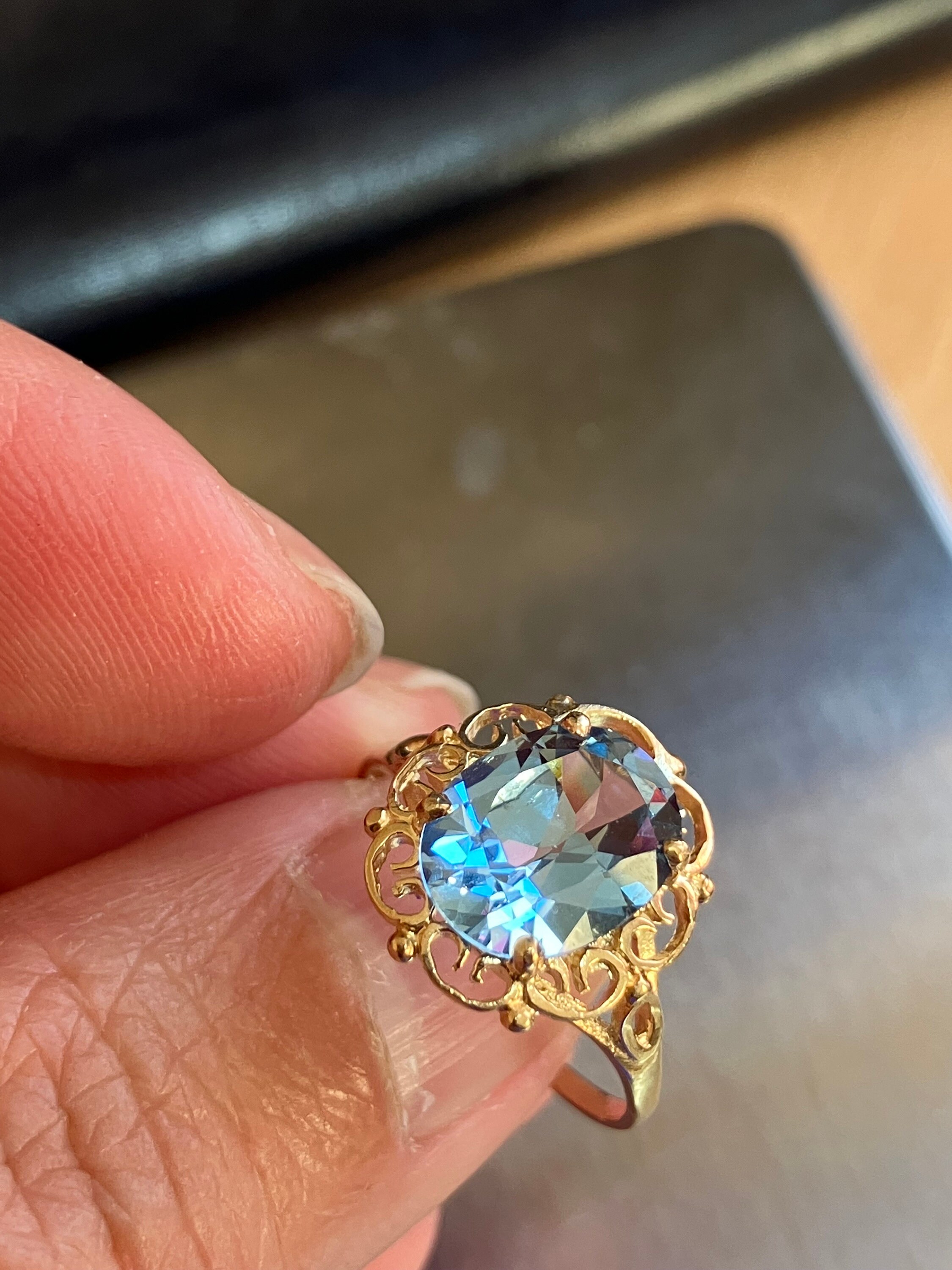 US Tariff Included-9ct Gold Filigree Setting Blue Topaz Ring Sparkling ...