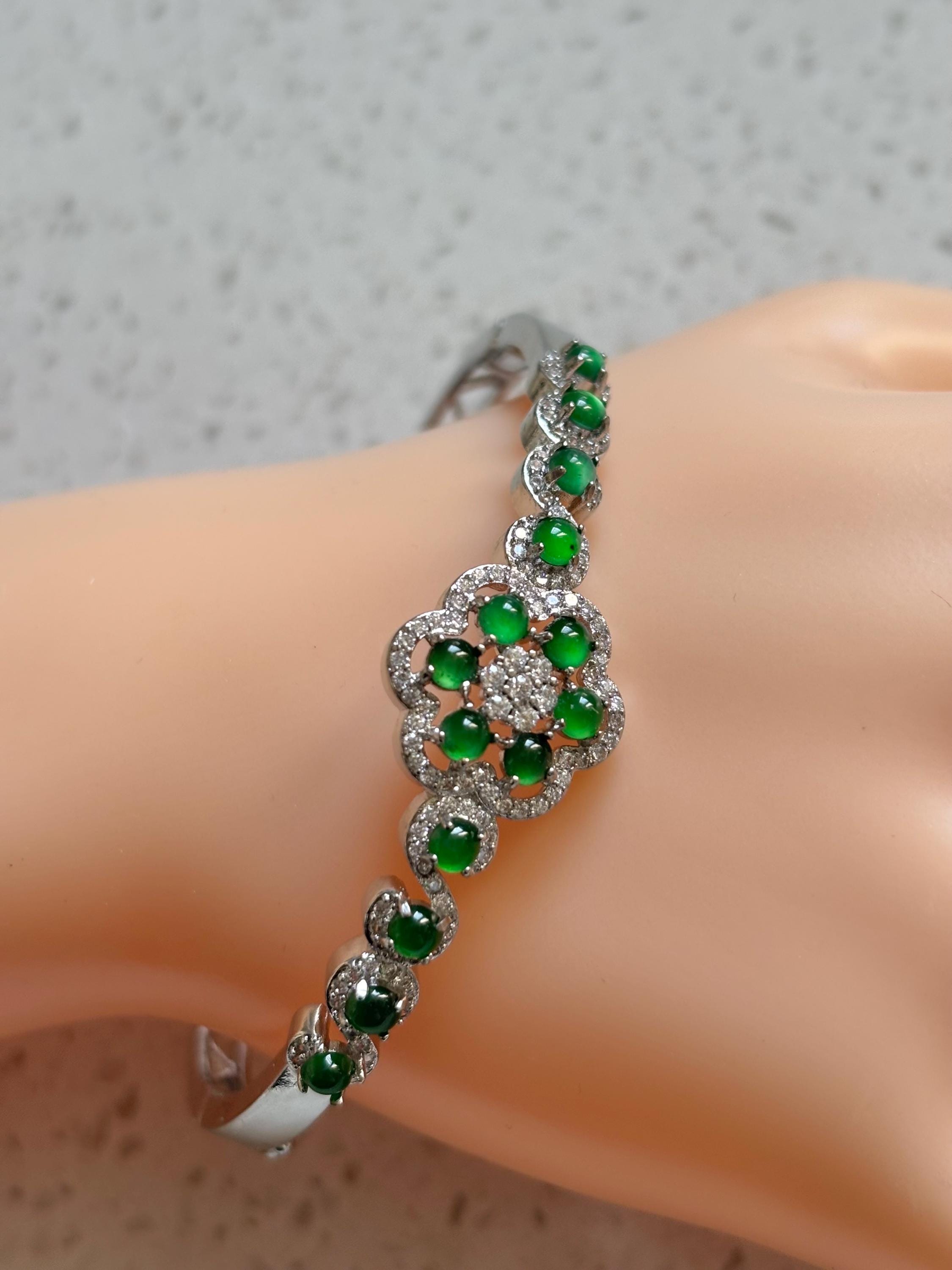 Natutal Imperial Green Jadeite Jade Silver Inlay Icy Bangle Bracelet ...