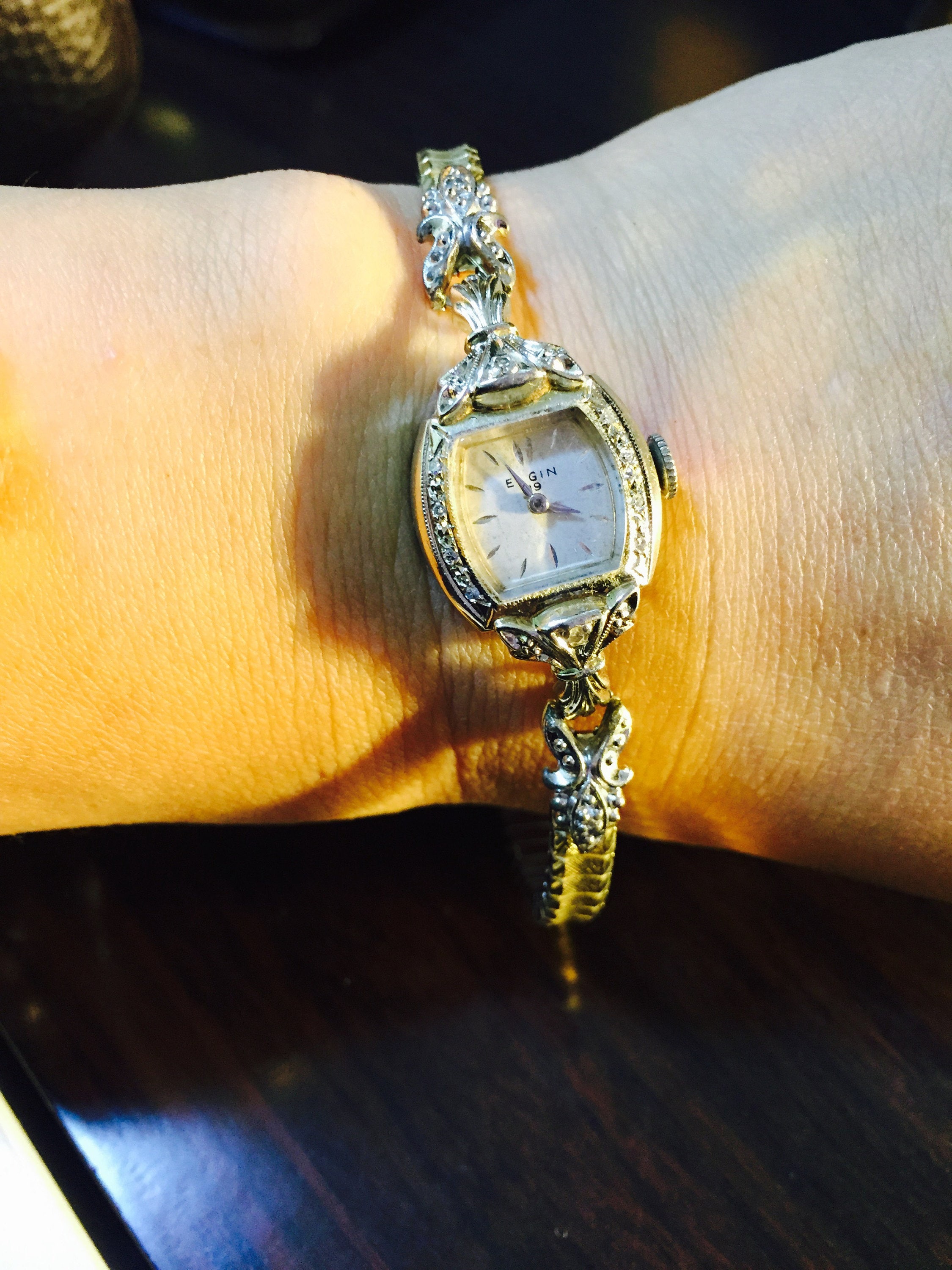 14k Gold Vintage Antique Ladies Elgin Watch 12 Dainty Real Diamonds ...