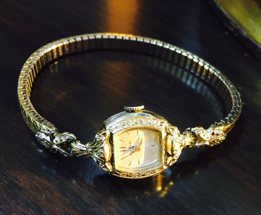 14k Gold Vintage Antique Ladies Elgin Watch 12 Dainty Real Diamonds ...