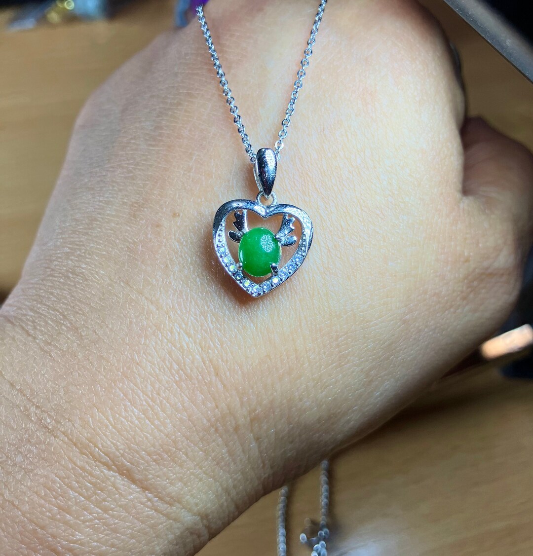 Deer and Heart Jadeite Charm Imperial Green Untreated Type A Pendant ...