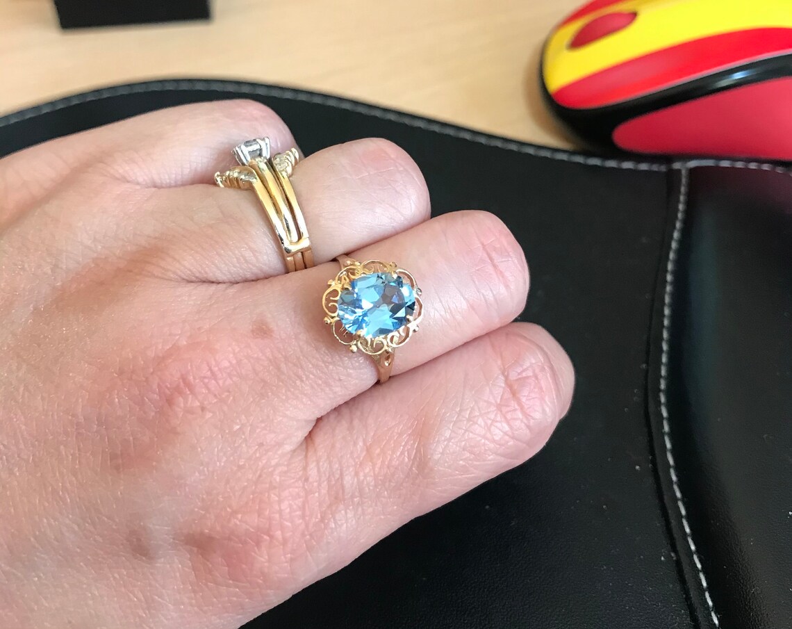 US Tariff Included-9ct Gold Filigree Setting Blue Topaz Ring Sparkling ...