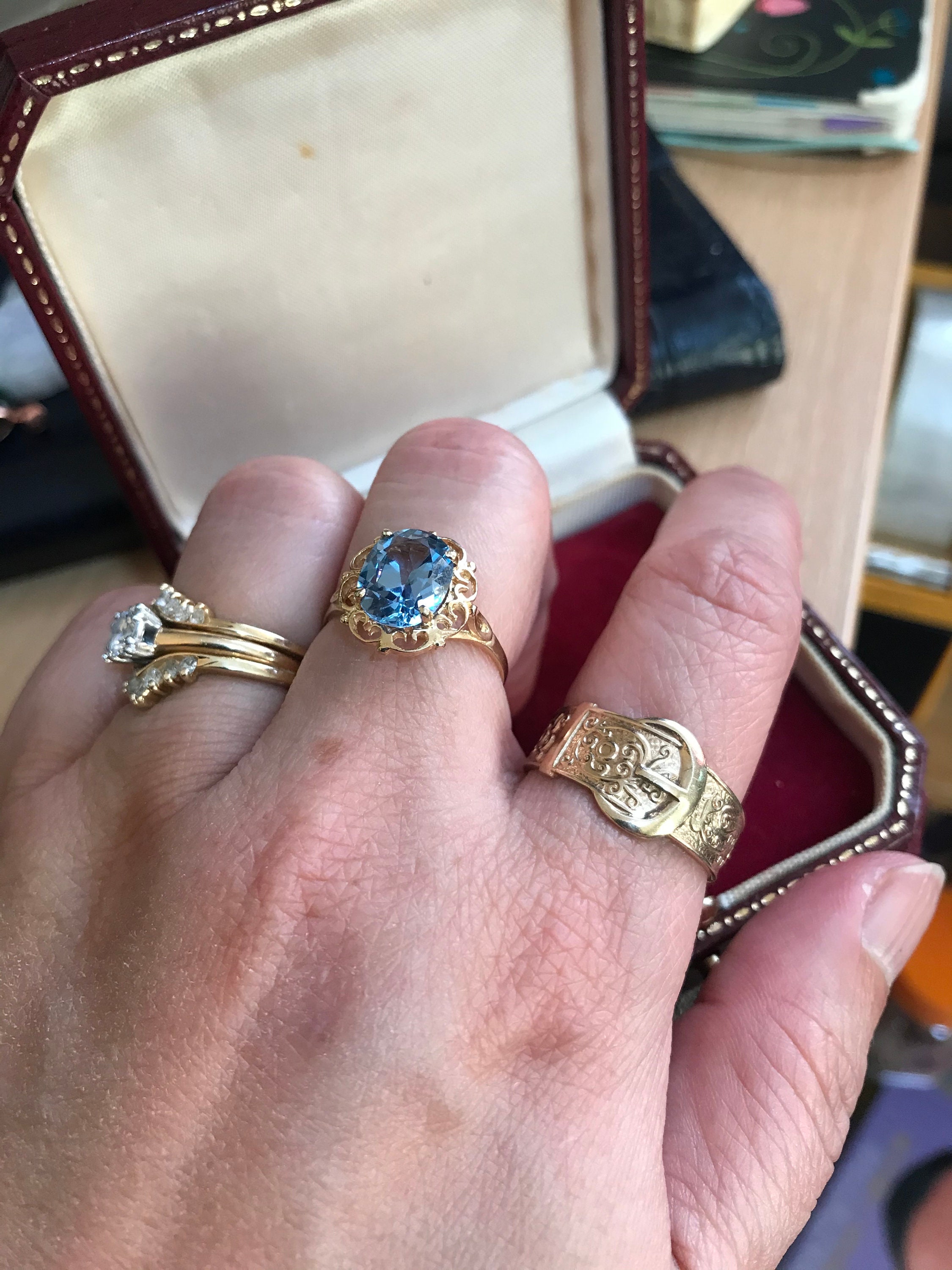 US Tariff Included-9ct Gold Filigree Setting Blue Topaz Ring Sparkling ...
