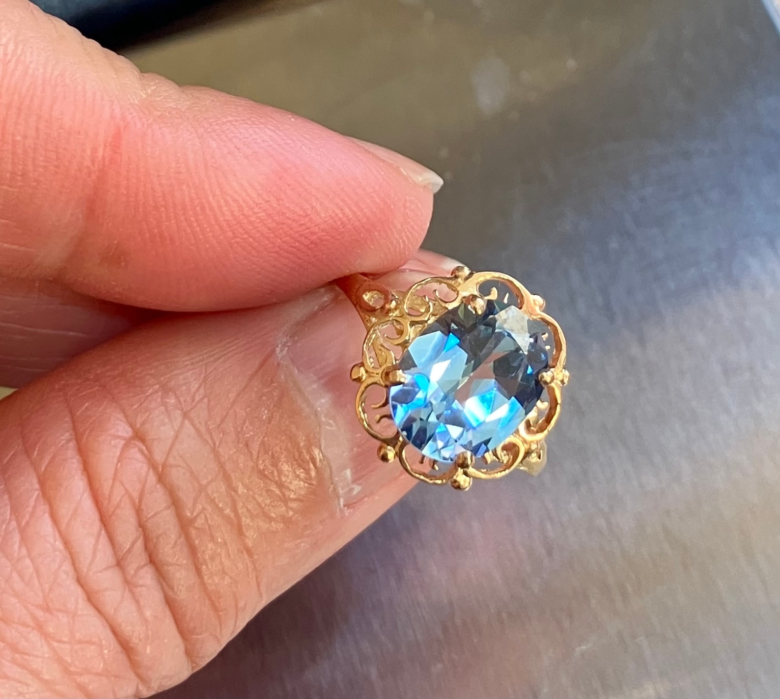 US Tariff Included-9ct Gold Filigree Setting Blue Topaz Ring Sparkling ...