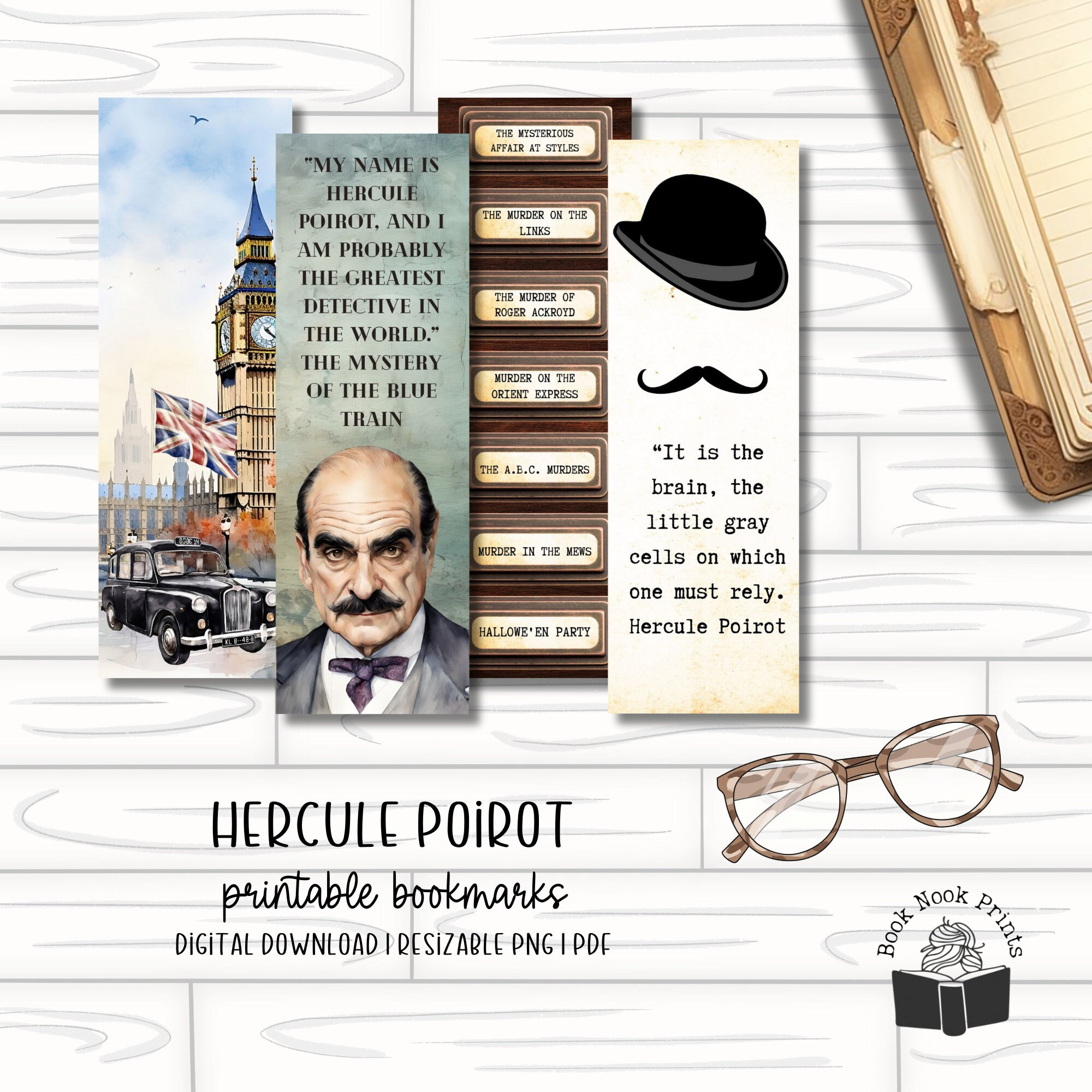 Printable Poirot Bookmark Set Printable Bookmarks PDF PNG 4 Pack - Etsy