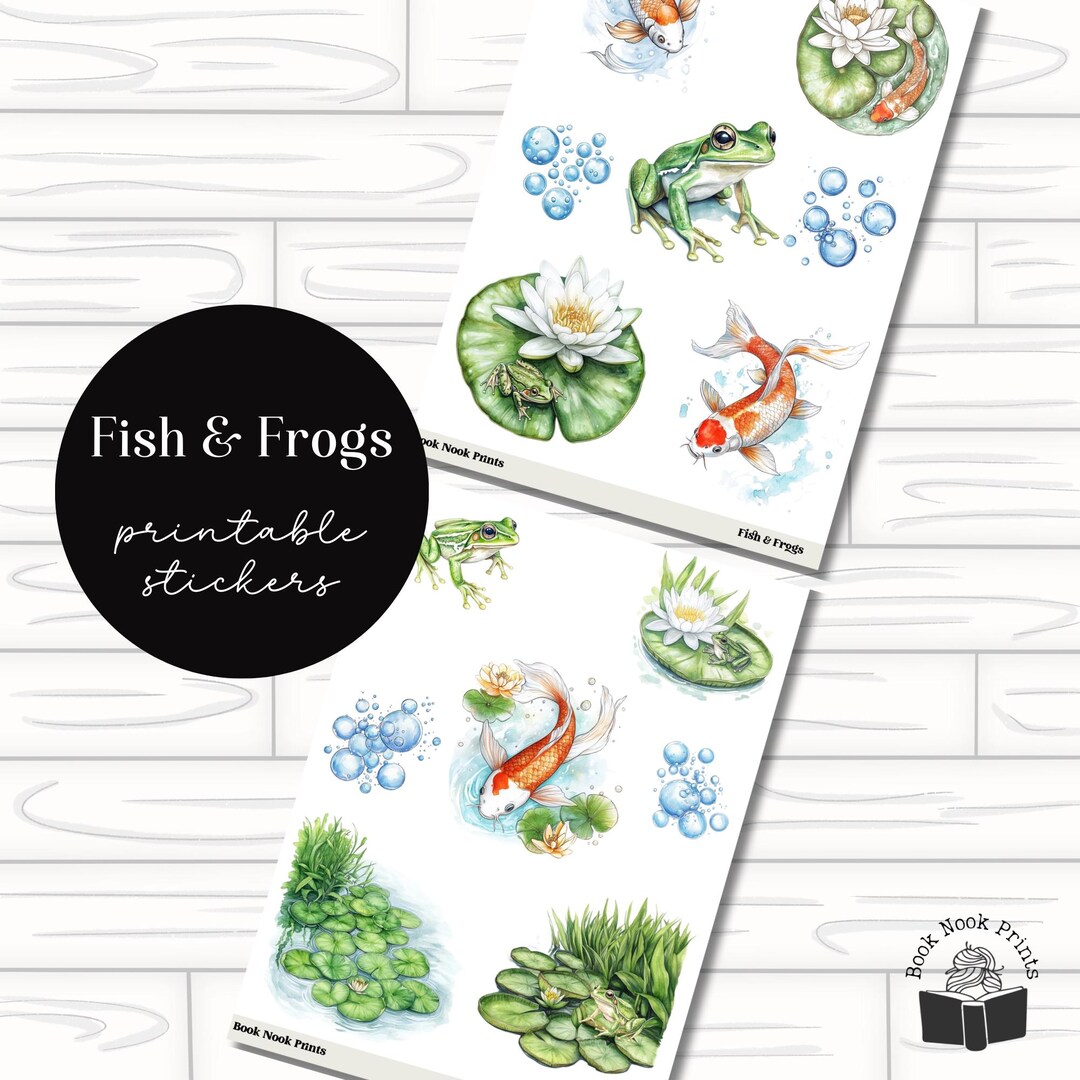 Fish Frogs Printable Stickers Planner Journal Green Orange Pond Floral ...