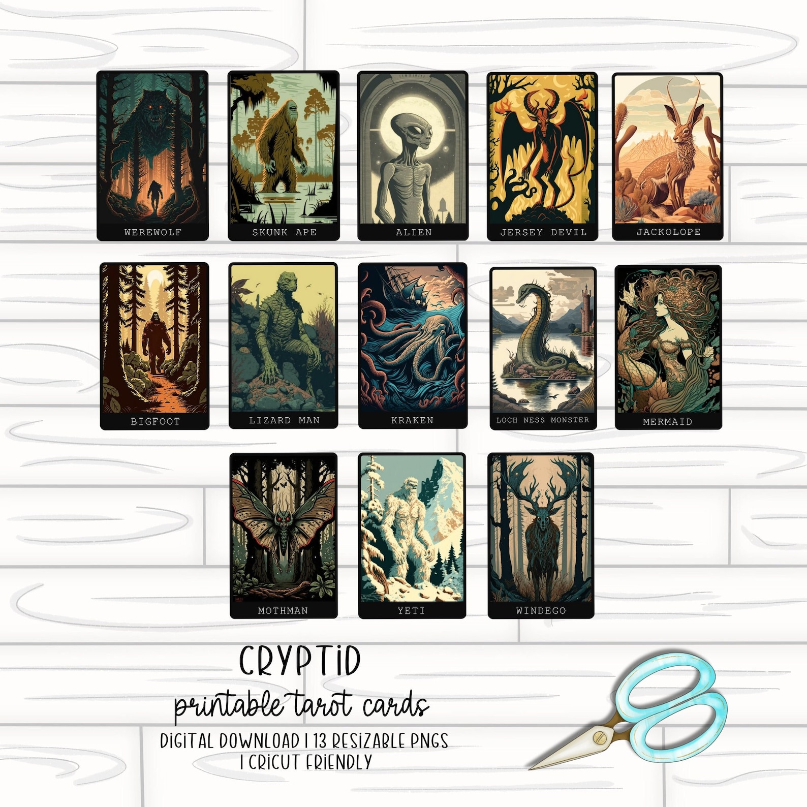 Printable Cryptid Tarot Cards | Printable Stickers | Printable Cards ...