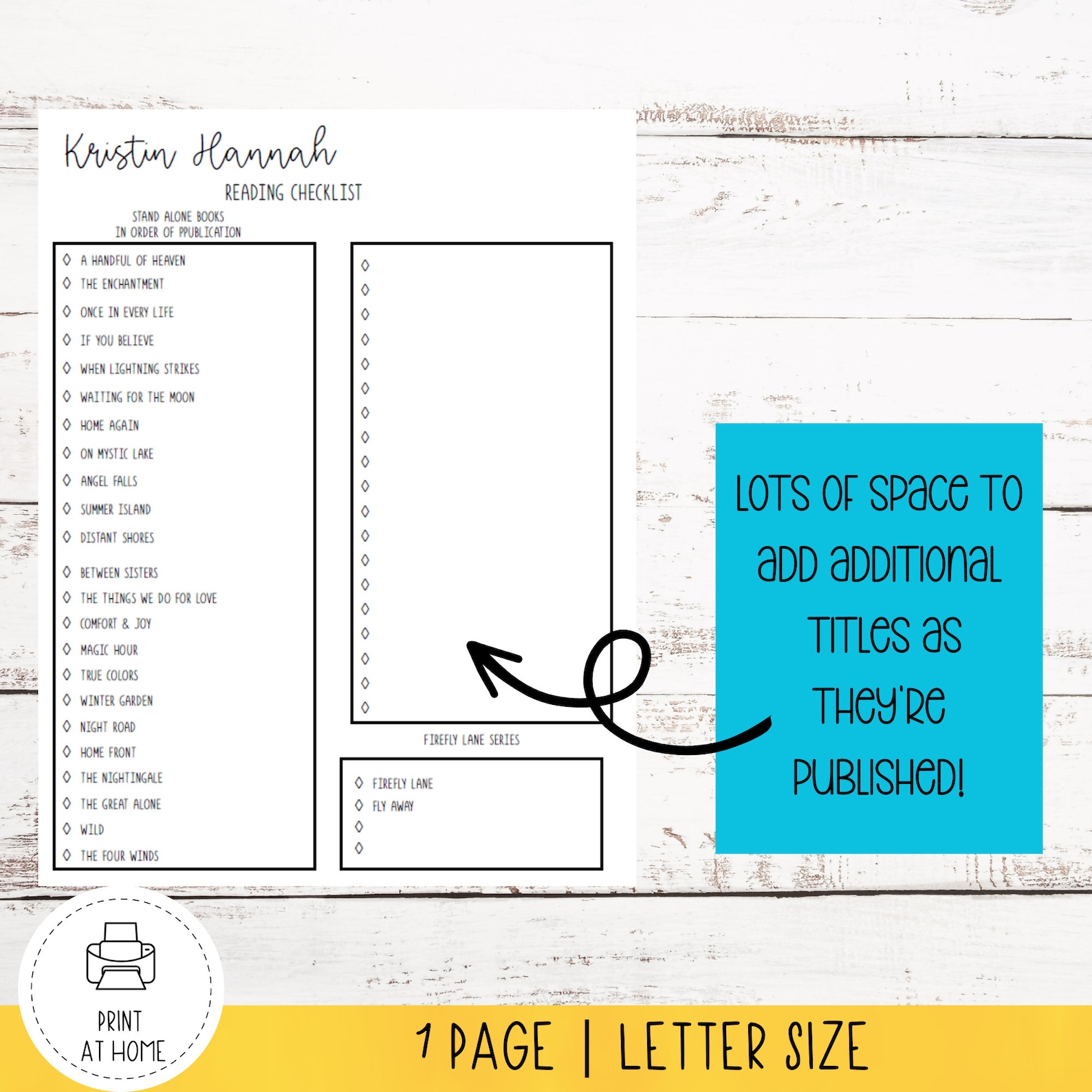 Kristin Hannah Reading Checklist Printable Reading List Book Tracker ...