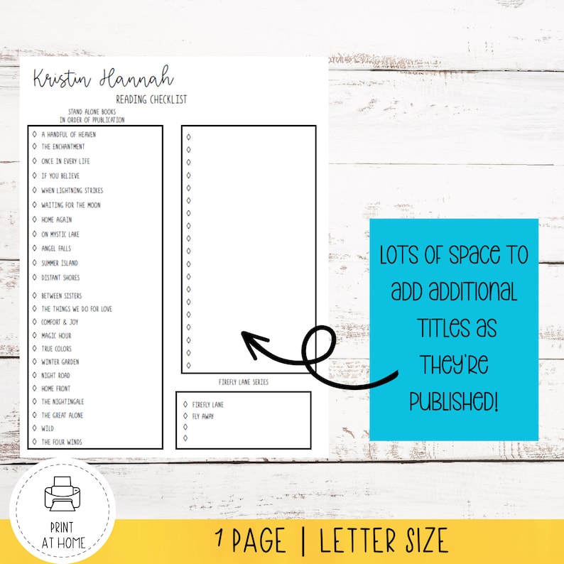 Kristin Hannah Reading Checklist | Printable Book Tracker (PDF) - Etsy