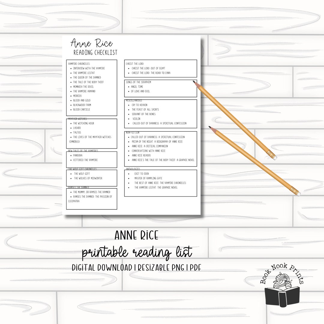 Anne Rice Reading Checklist | Printable Reading List | Book Tracker ...