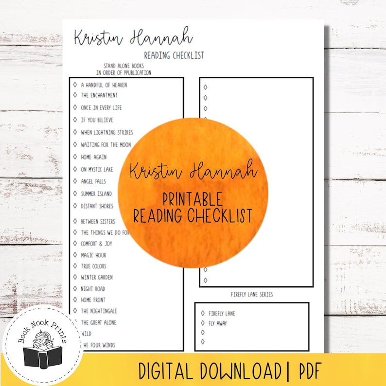 Kristin Hannah Reading Checklist Printable Reading List Book Tracker Reading Journal PDF - Etsy