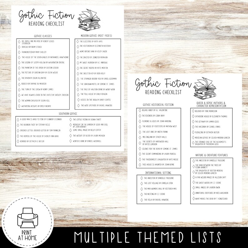 Gothic Fiction Reading Checklist Printable Reading List Book Tracker ...