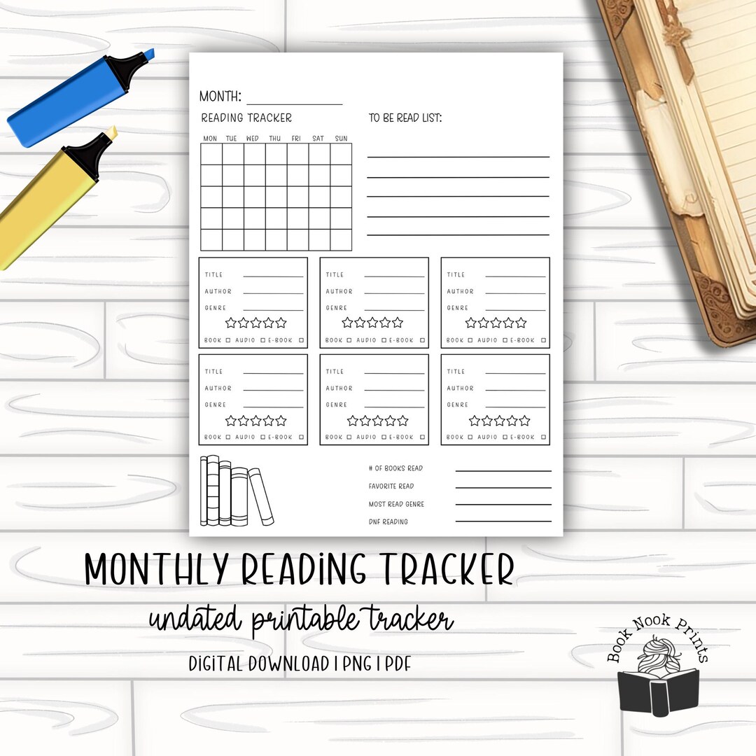 Undated Monthly Book Tracker Reading Journal Book Tracker Digital ...