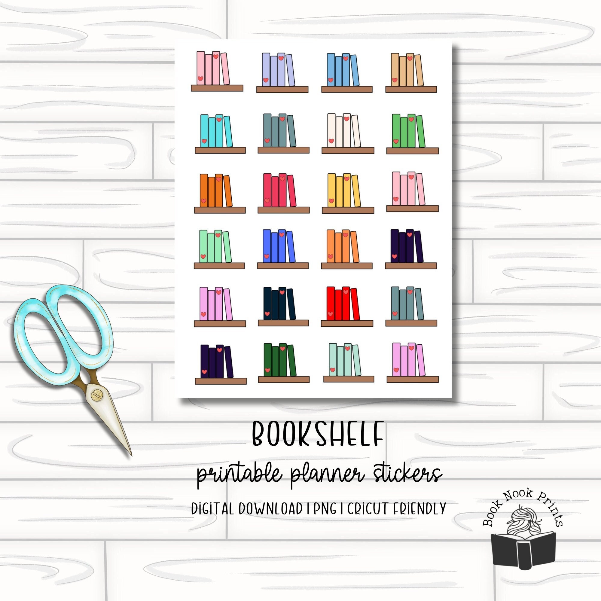Bookshelf Printable Stickers PNG Cricut Cut File Book Lover Planner ...