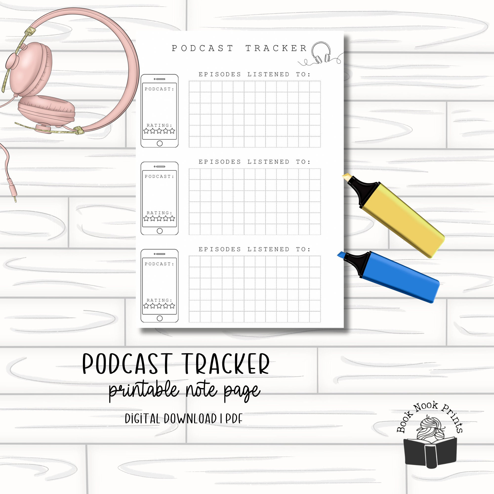 Podcast Tracker, Printable Tracker, Bullet Journal, PDF, PNG, Listening ...