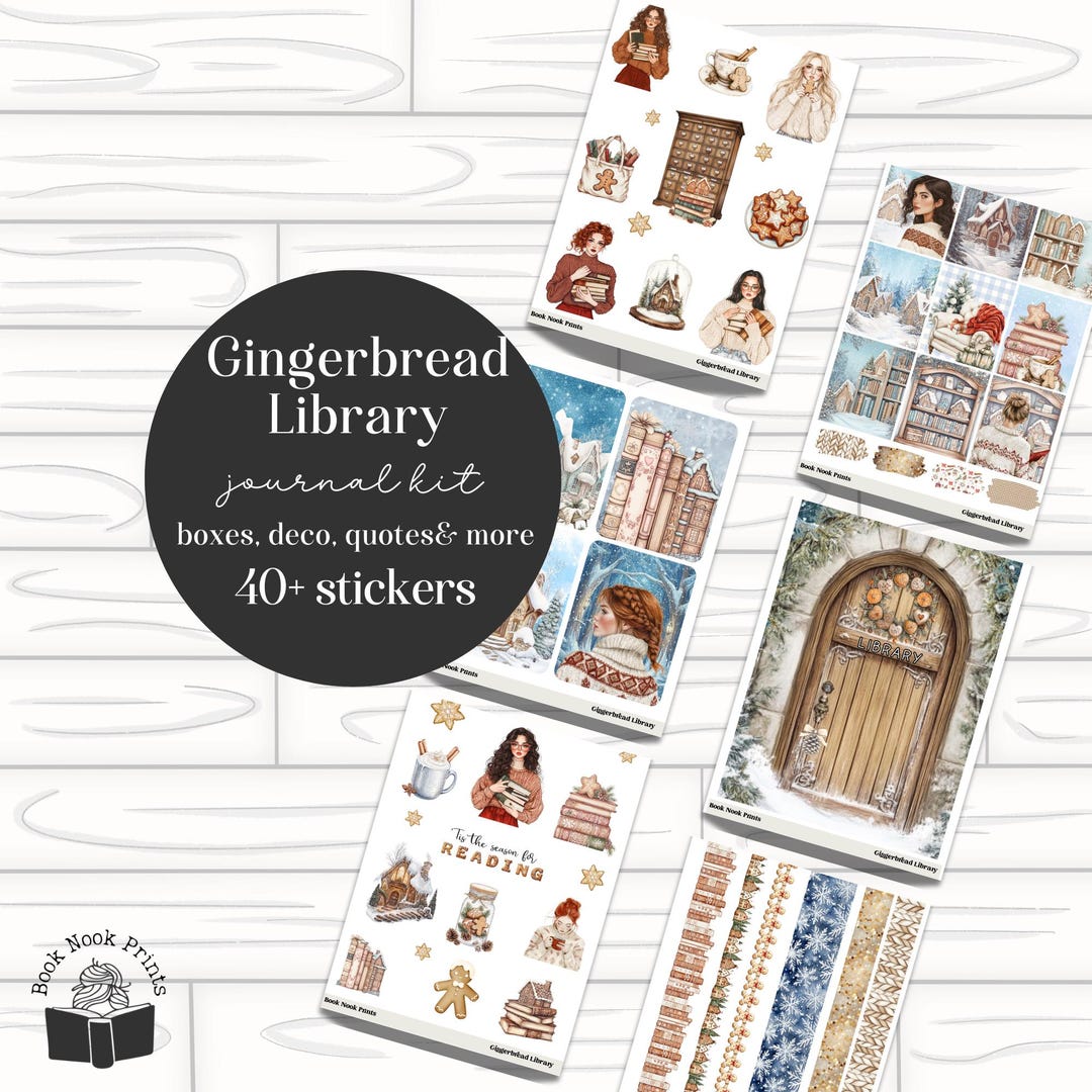Gingerbread Library Journaling Kit Printable Planner Stickers Bookworm ...