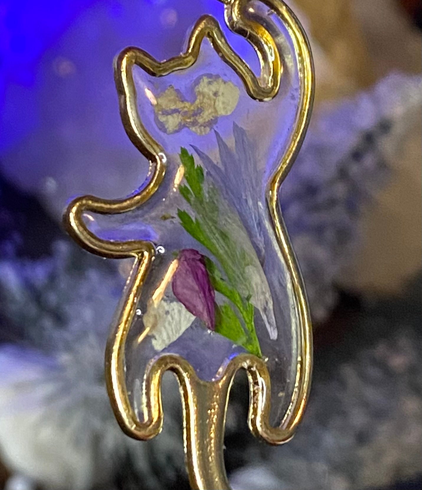 Gold-colored Cat Necklace, Real Pressed Flower Necklace, Mother's Day ...