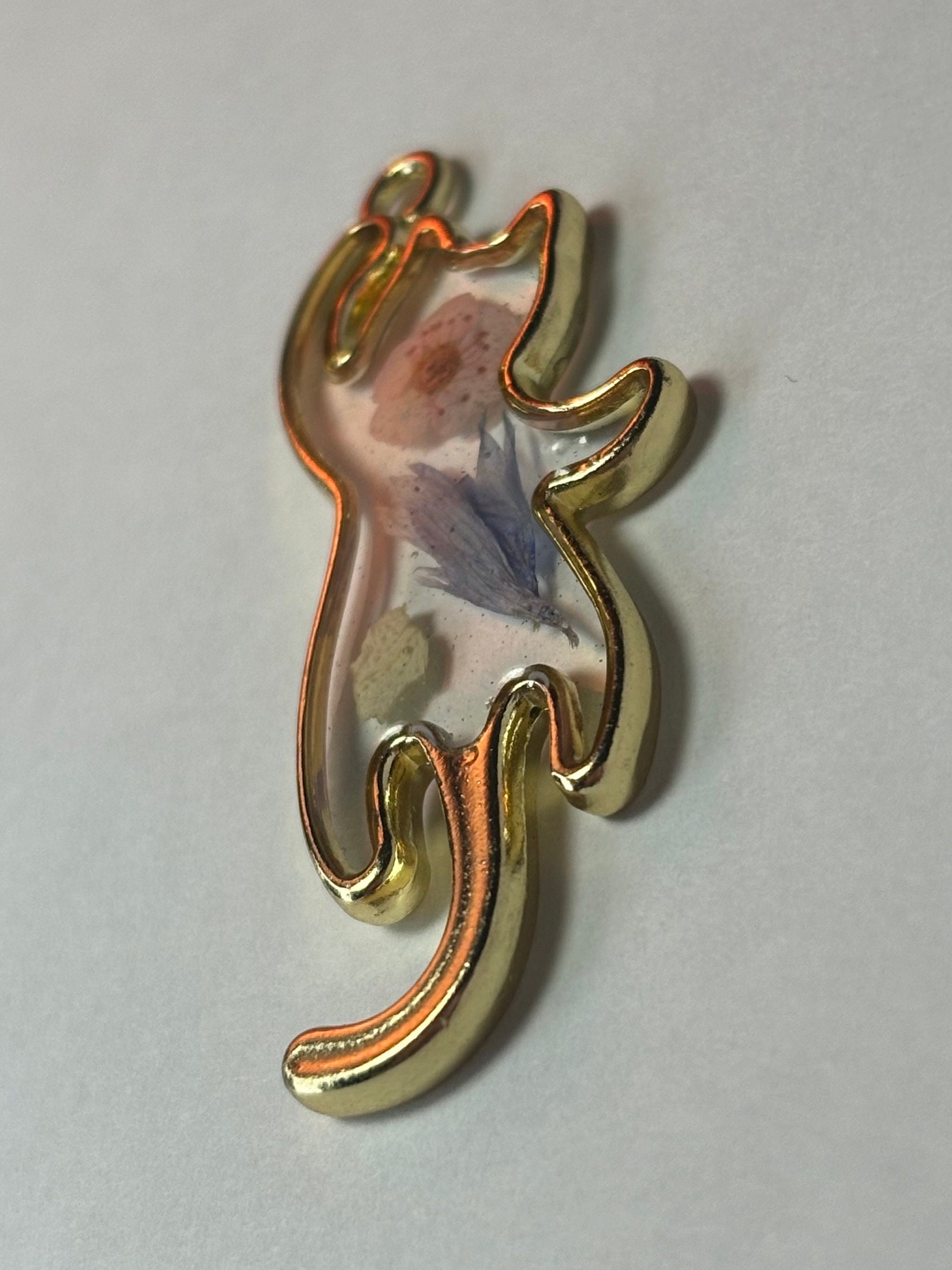 Gold-colored Cat Necklace, Real Pressed Flower Necklace, Mother's Day ...