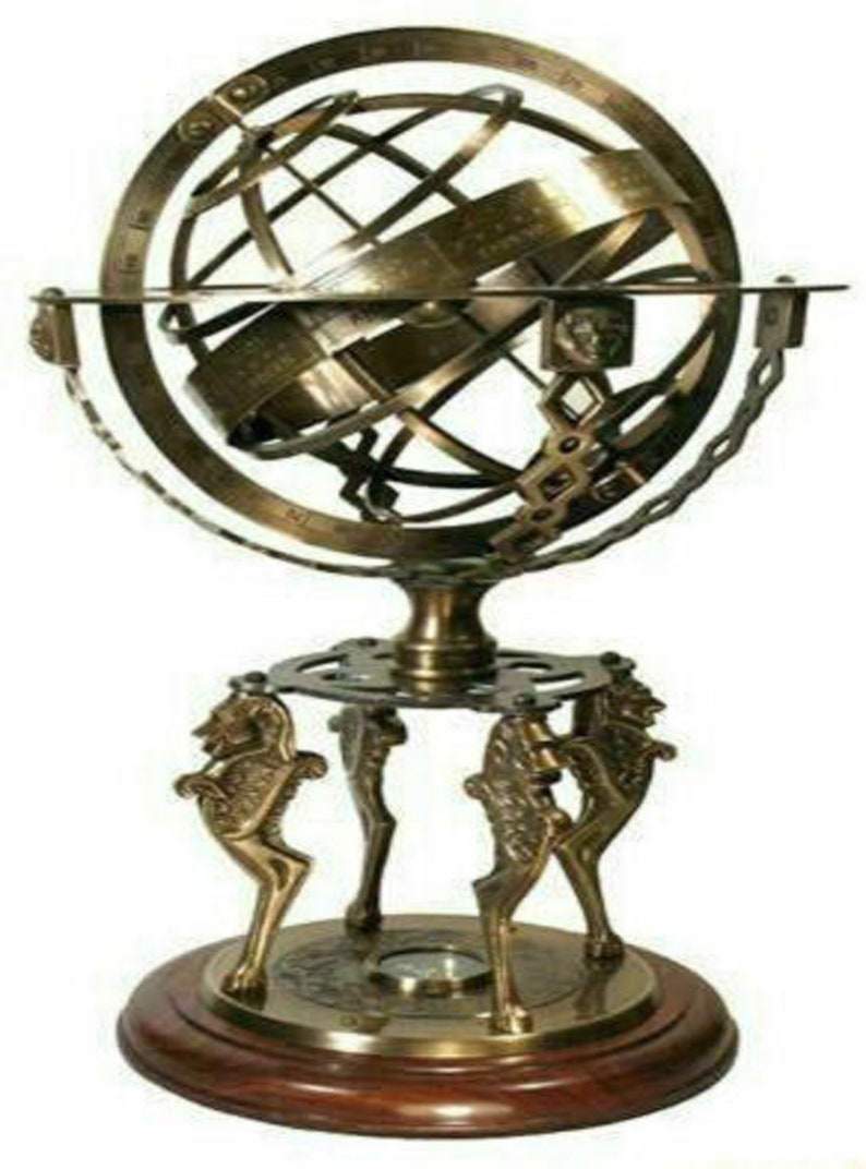 18 Astrolabe Globe Zodiac Engraved Wooden Basenautical Brass Sphere ...