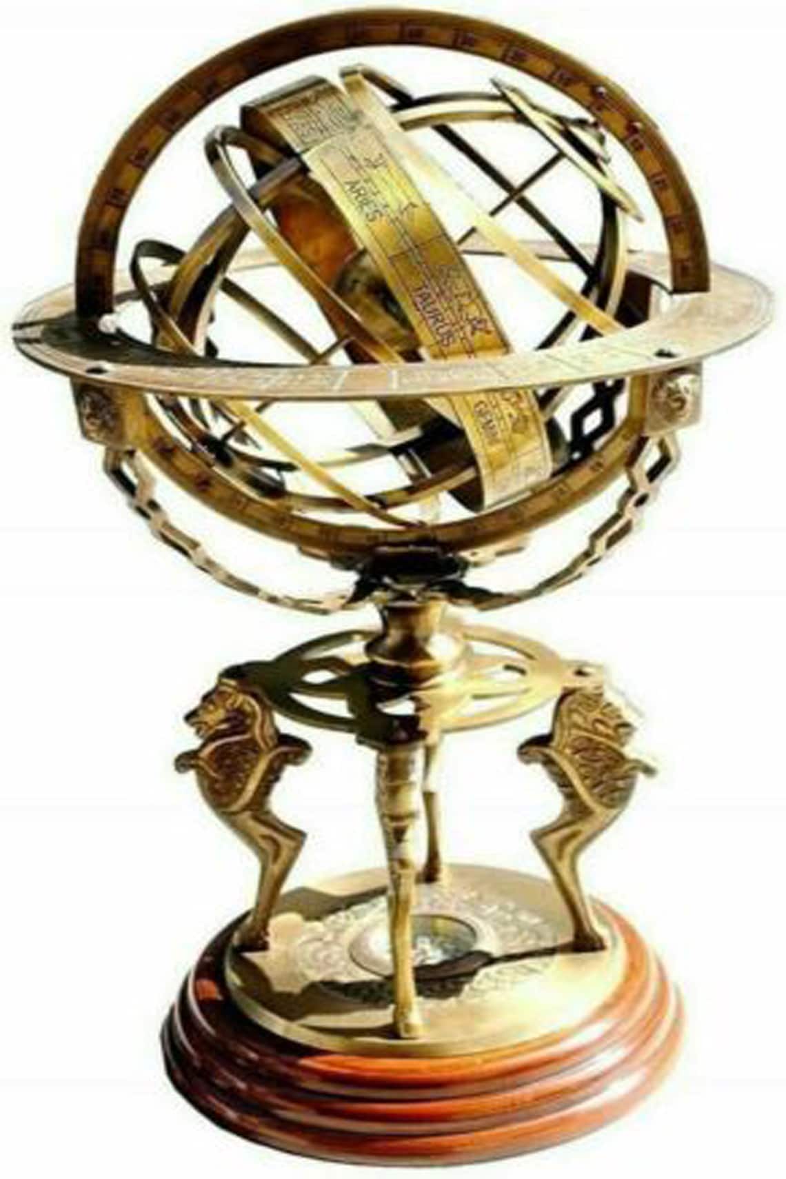 18 Astrolabe Globe Zodiac Engraved Wooden Basenautical Brass Sphere ...