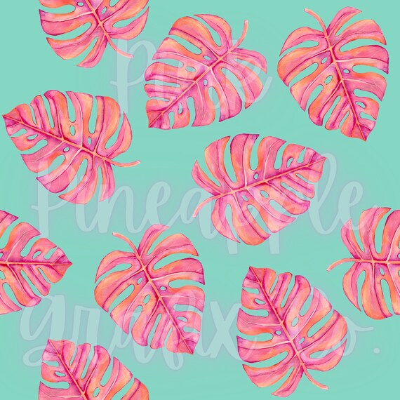 Pink Monstera Leaves Teal Background Digital Seamless File | Etsy