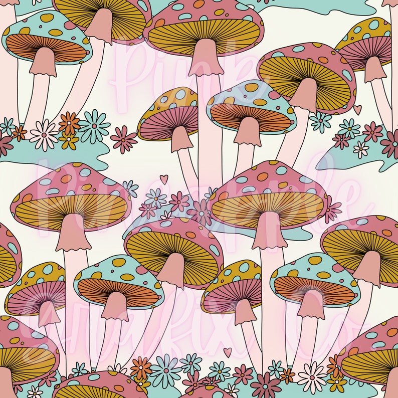Retro Muted Trippy Floral Mushrooms Digital Seamless File - Etsy
